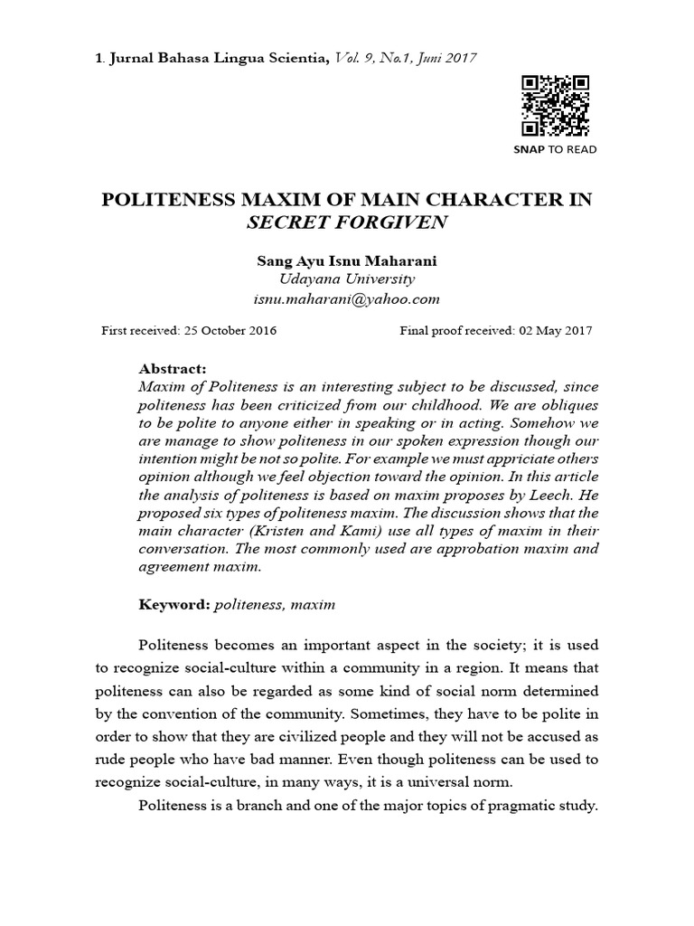 Politeness Maxims in "Secret Forgiven" | PDF | Human Communication ...