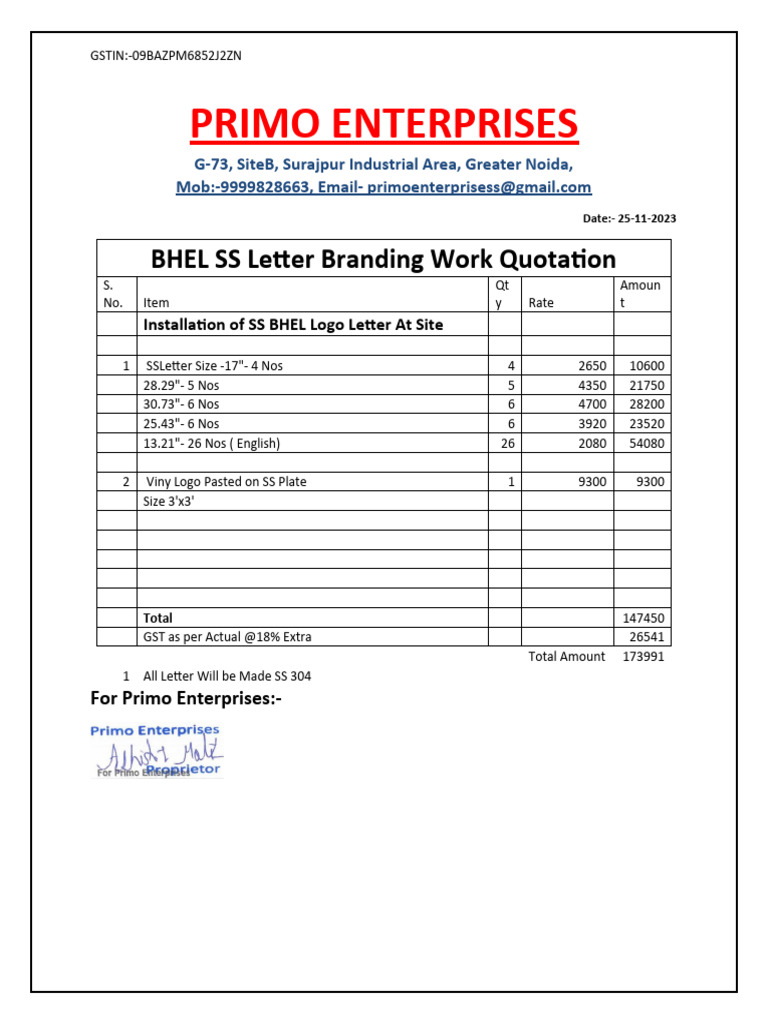BHEL SS Letter Quotation - Primo Enterprises | PDF