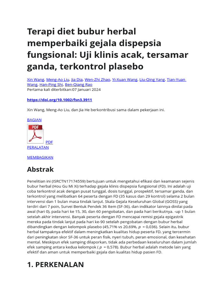 Terapi Diet Bubur Herbal Memperbaiki Gejala Dispepsia Fungsional | PDF