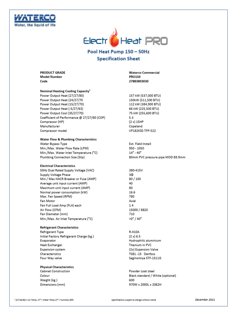 Pool Heat Pump PRO150 Specification Sheet | PDF | Manufactured Goods ...