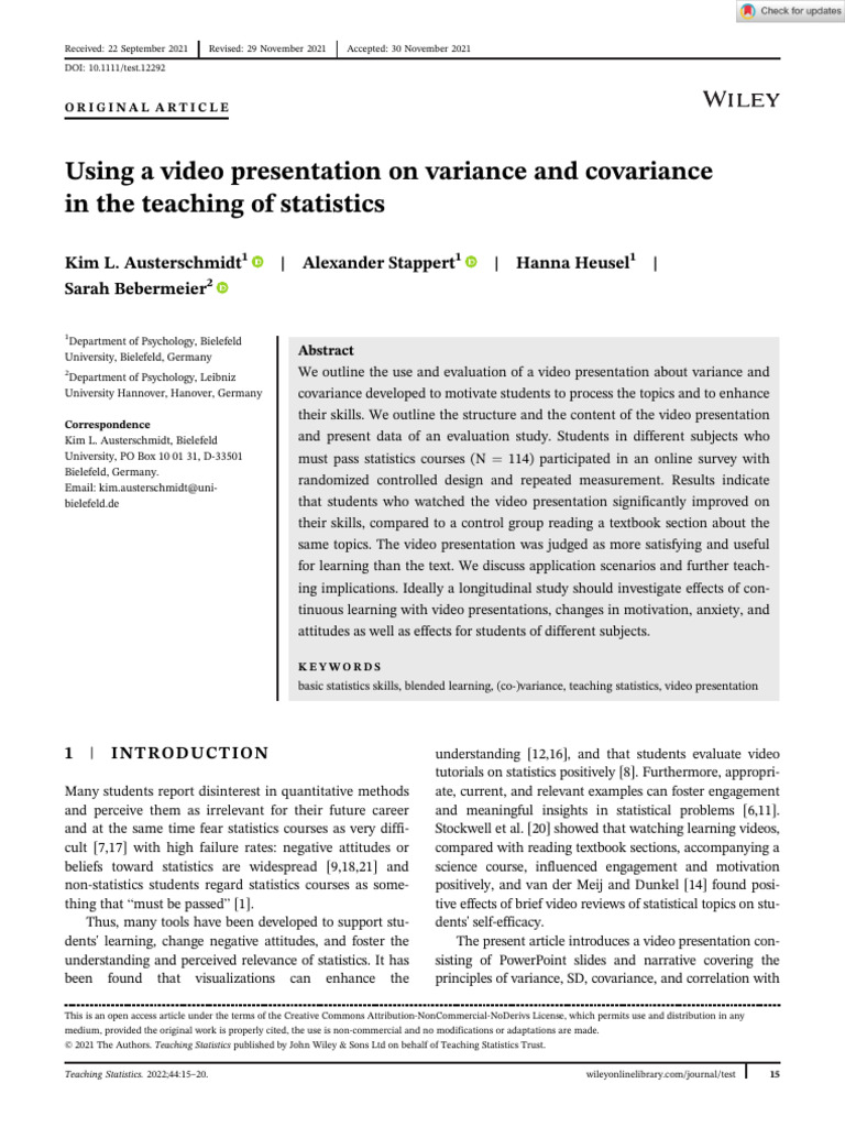 Teaching Statistics - 2021 - Austerschmidt - Using a Video Presentation on Variance and ...