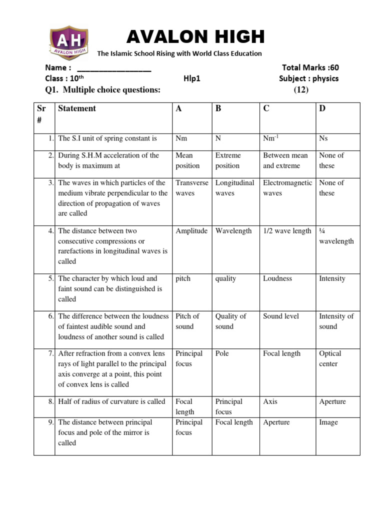 10th Grade Physics MCQs and Short Answers | PDF | Waves | Sound