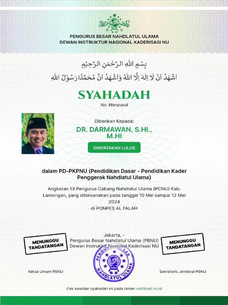 Syahadah PD PKPNU DR Darmawan, SHi, MHi | PDF