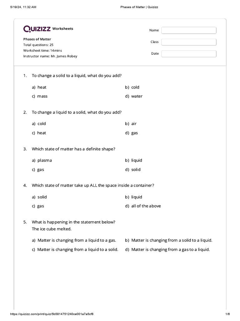 Phases of Matter - Quizizz | PDF | Liquids | Phase (Matter)