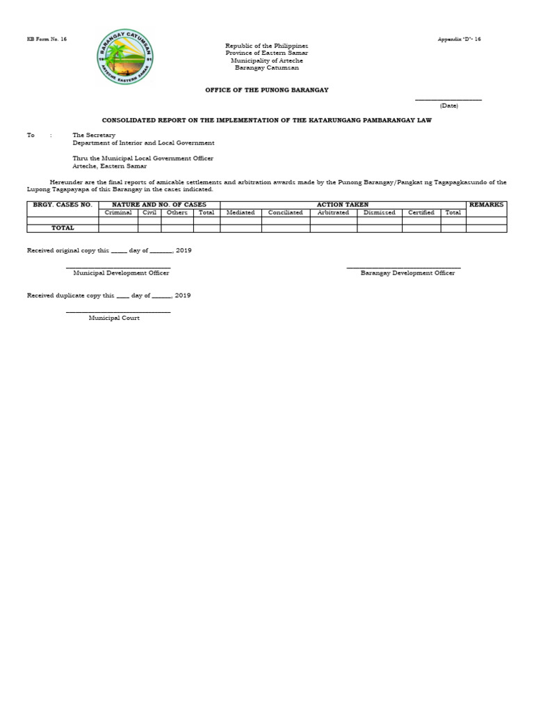 KB Form No. 17 Consolidated RPT On The Implementation of KB Law | PDF