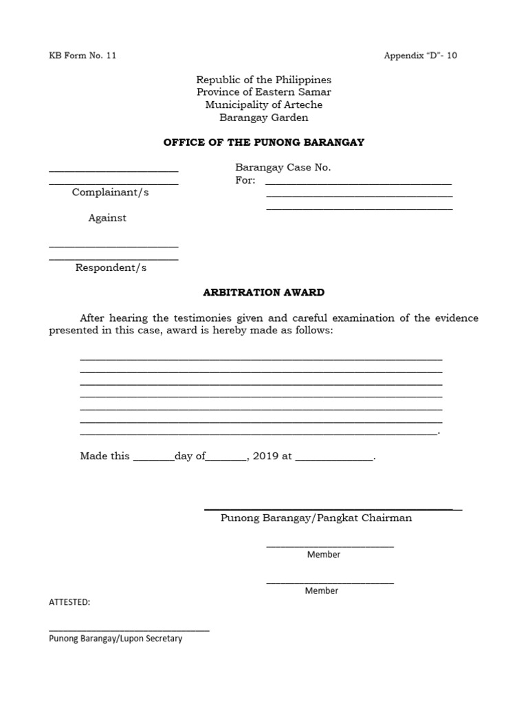 KB Form No. 11 Arbitration Award | PDF | Finance & Money Management | Law