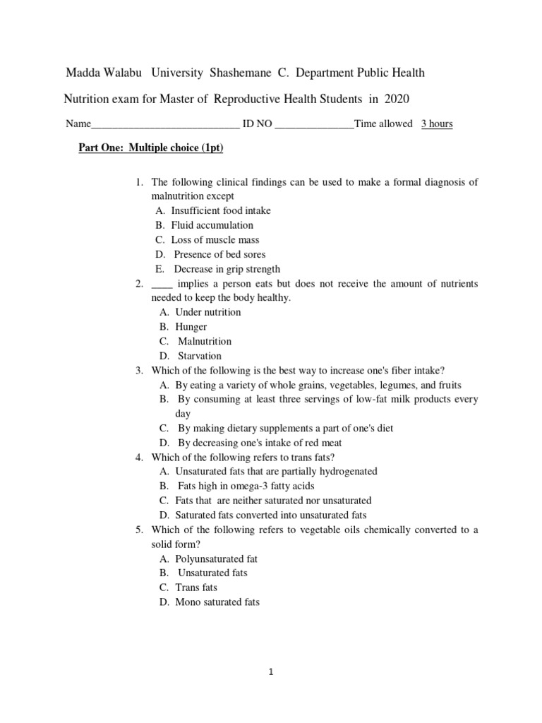 Nutrition Exam for Reproductive Health Students | PDF | Fat | Malnutrition