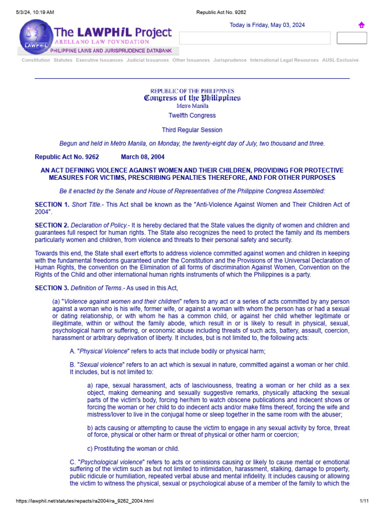 Republic Act No. 9262 | PDF | Restraining Order | Crimes