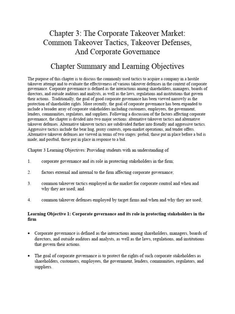 Chapter 3-Common Takeover & Anti-Takeover Tactics | PDF | Takeover | Stocks