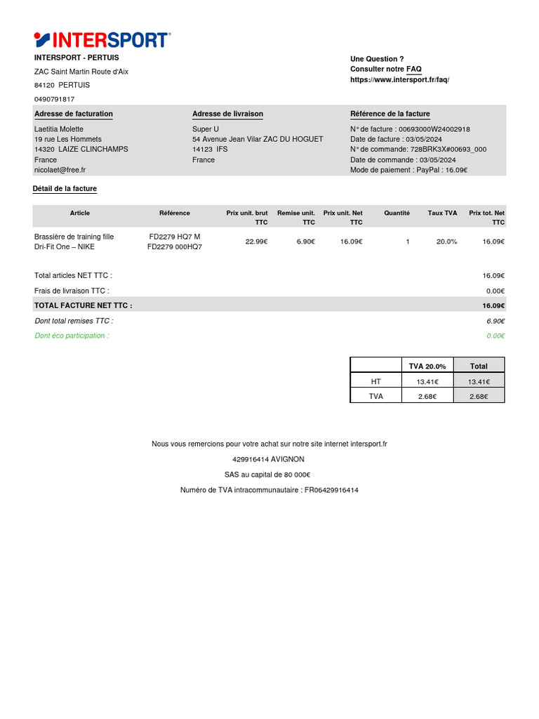 Intersport Facture 00693000W24002918 | PDF | Taxe sur la valeur ajoutée | Business