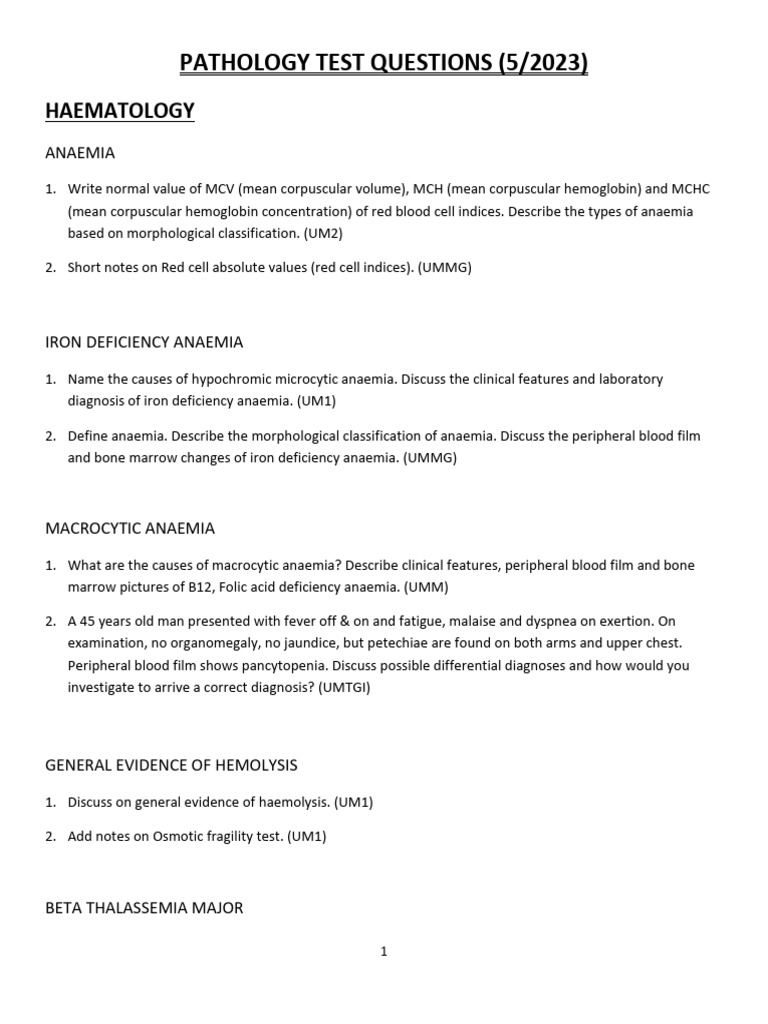 PATHOLOGY TEST QUESTIONS Test 123 | PDF | Anemia | Ovarian Cancer