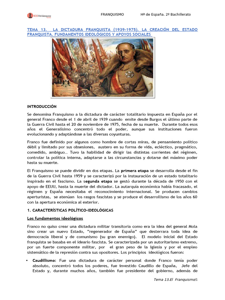 Tema 14 El Franquismo 1939 1975 Pdf España Franquista