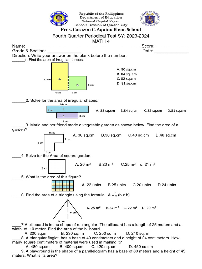Q4-Math 4 - Periodical-Test 2023-24 | PDF | Area | Volume