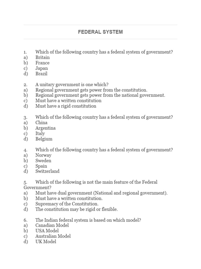 Federal System Quiz Questions | PDF