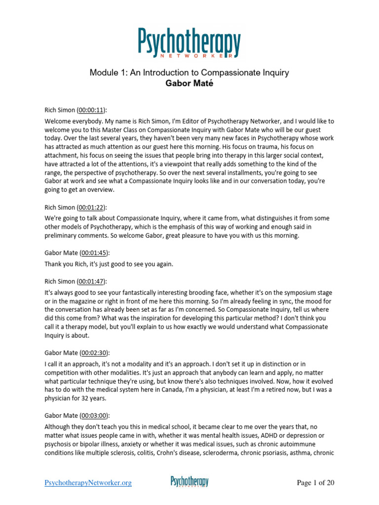 Modules 15 Transcripts Compassionate Inquiry Master Class | PDF ...