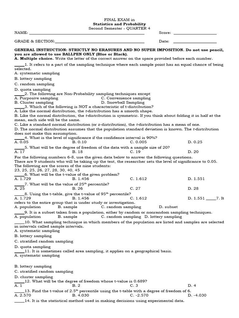 Final Exam in Statistics and Probability Grade 11 | PDF | Sampling (Statistics) | P Value