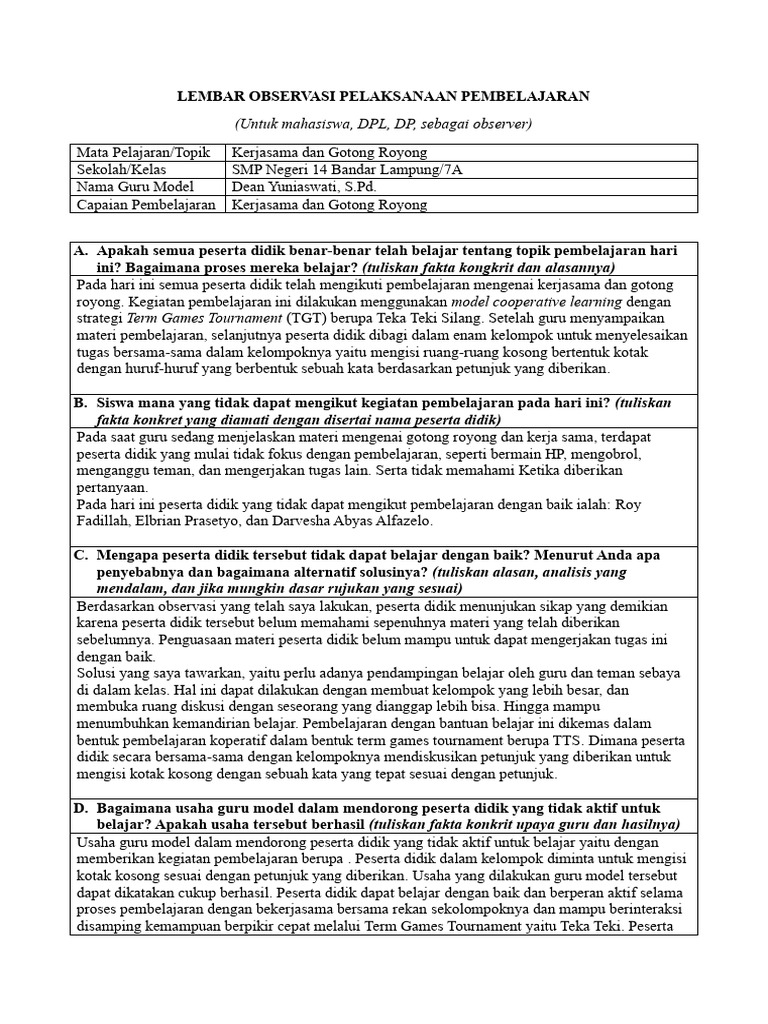 T4 - PPL 1 - S2 - Lembar Observasi Pelaksanaan Pembelajaran - Dean Yuniaswati | PDF
