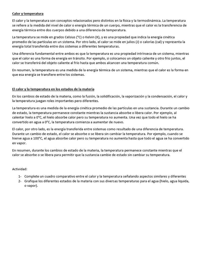 Calor vs Temperatura: Conceptos Clave | PDF | Temperatura | Calor