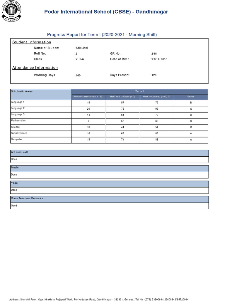 Podar International School (CBSE) - Gandhinagar: Progress Report For Term I (2020-2021 - Morning ...