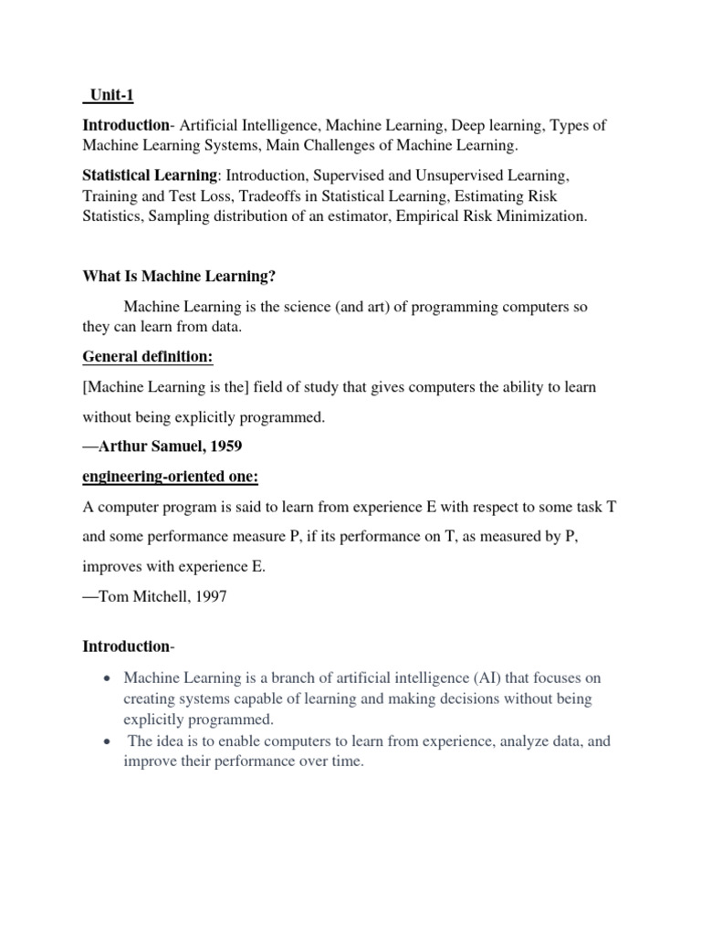 ML Unit-1 | PDF | Machine Learning | Artificial Intelligence