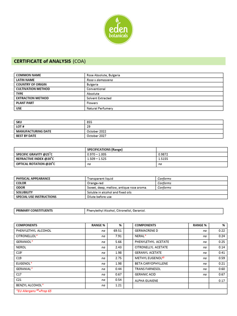 Rose Absolute COA from Bulgaria | PDF | Ethanol