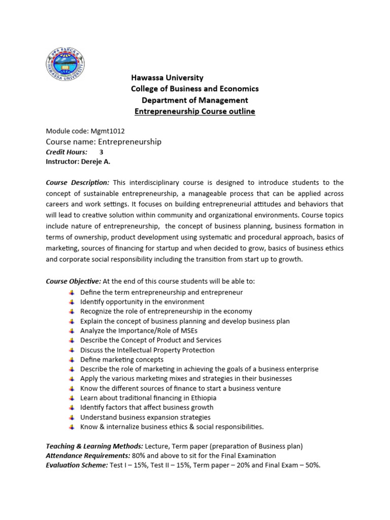 Entrepreneurship Course Outline | PDF | Entrepreneurship | Business