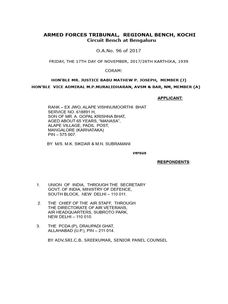 OA 96 of 2017 | PDF | Pension | Military