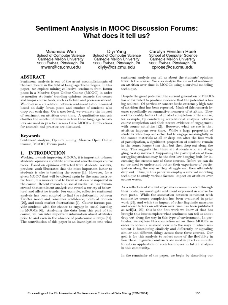 Sentiment Analysis in MOOC Discussion Forums | PDF | Massive Open ...