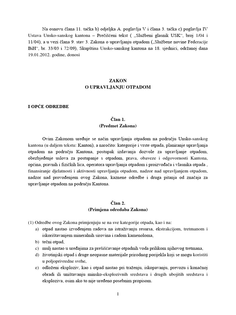 Zakon o Upravljanju Otpadom (Sl. Glasnik USK Br. 4 - 12) | PDF