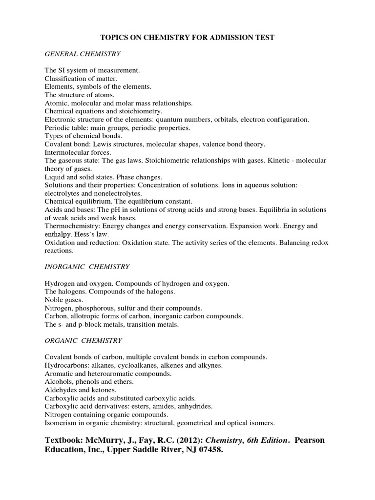 Sample Topics For Chemistry | PDF | Chemistry | Chemical Compounds