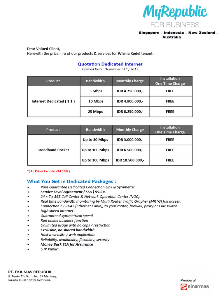 Draft - Quotation Dedicated - Broadband - Wisma Kodel | PDF | Broadband | Internet