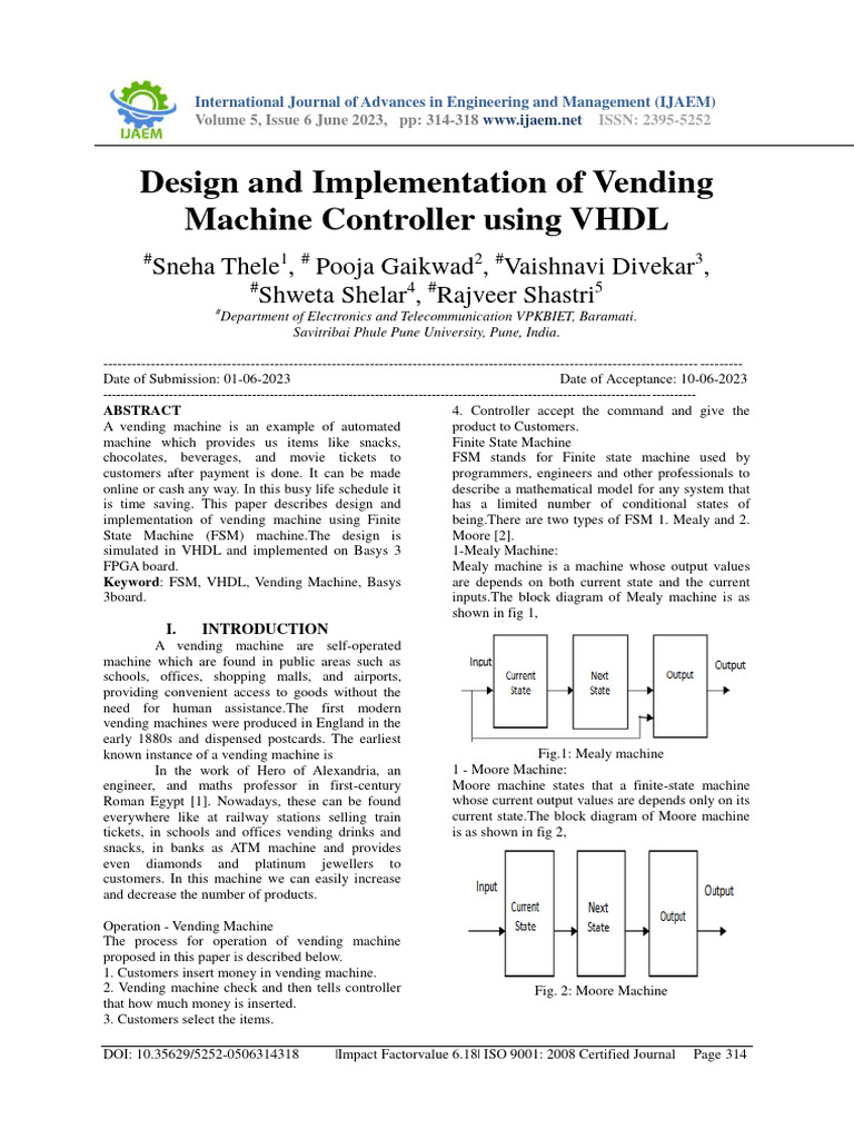 Design and Implementation of Vending Machine Controller using VHDL ... Design and Implementation of Vending Machine Controller using VHDL ...