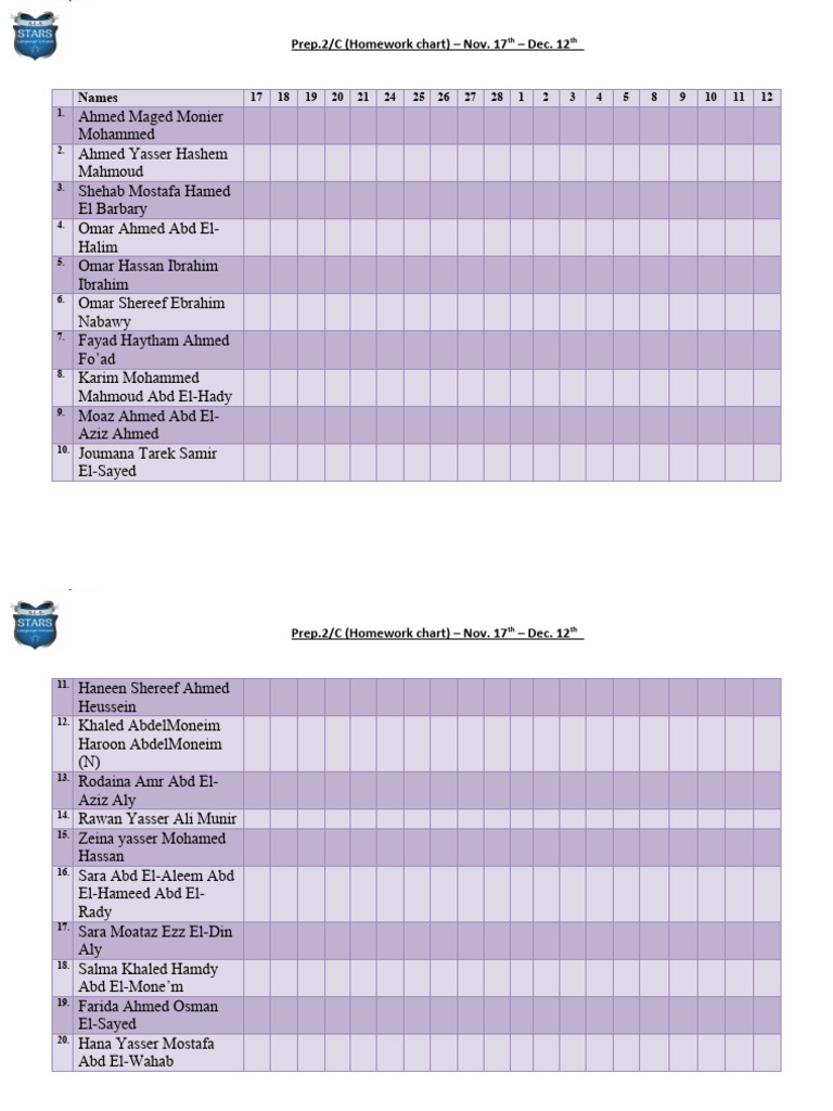 2C Homework Chart Nov-Dec. | PDF