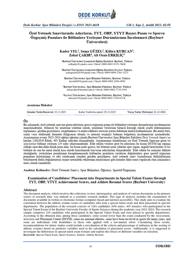 Examination of Candidates' Placement Into Departments in Special Talent ...