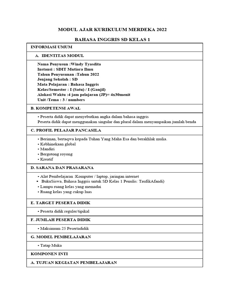 Modul Ajar English Chapter Number | PDF
