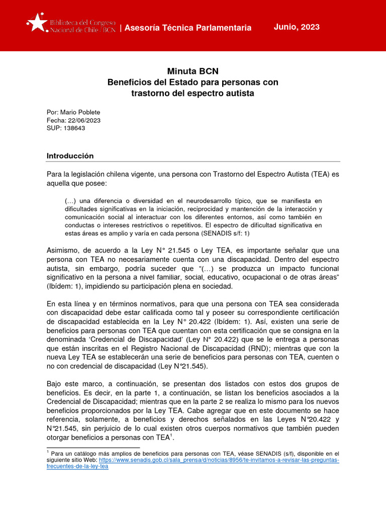 BCN Minuta Beneficios Del Estado para Personas Con TEA Final | PDF | Espectro autista | Invalidez