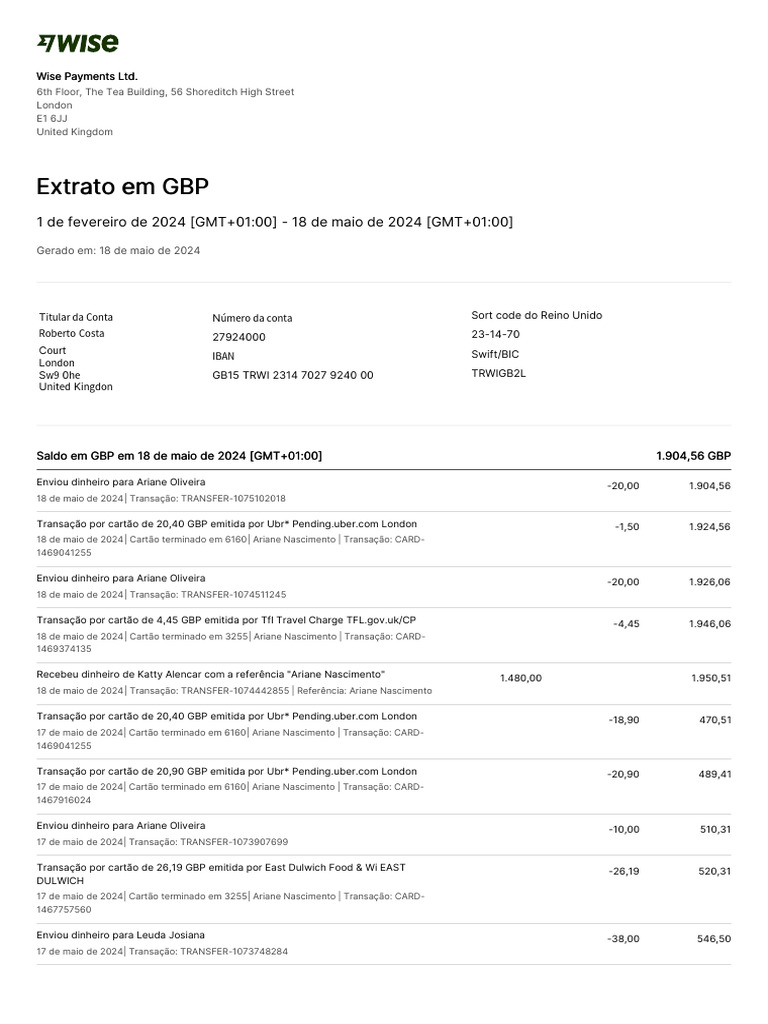 Extrato de Conta Wise - Roberto Costa | PDF
