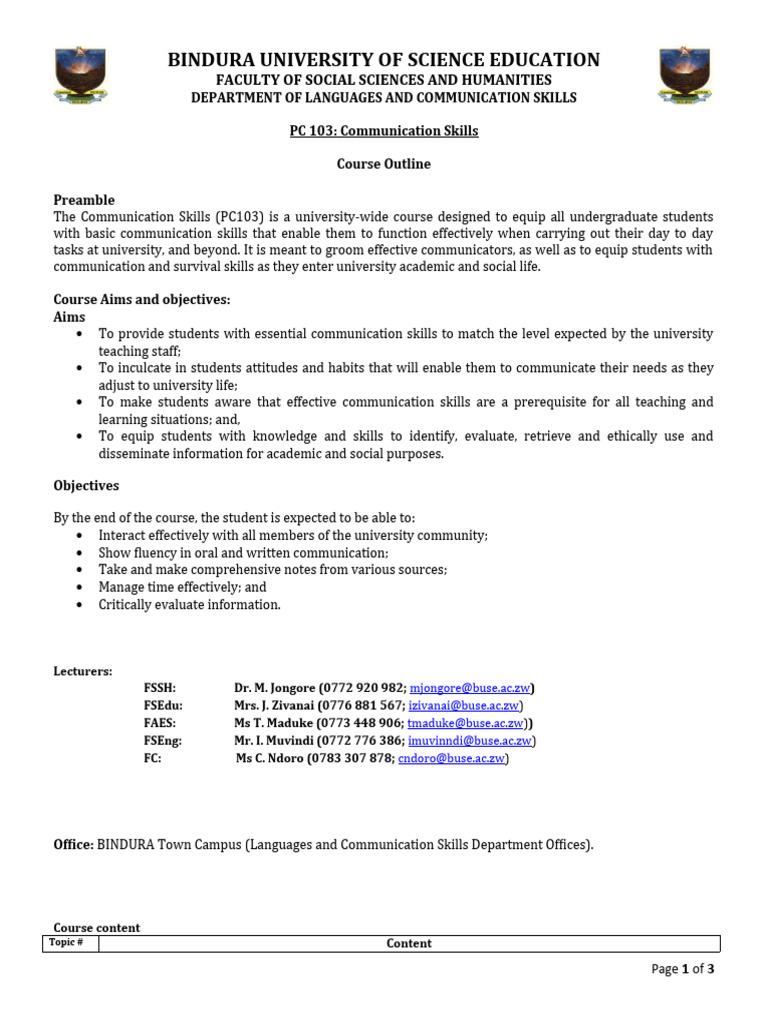 PC103 Course Outline - 2024 | PDF | Communication | Human Communication