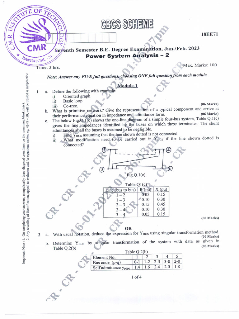 VTU Question Paper of 18EE71 Power System Analysis - 2 Jan-Feb-2023 | PDF