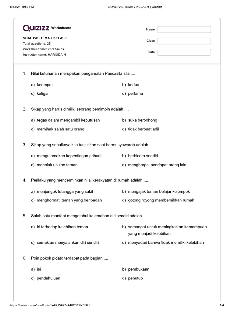 SOAL PAS TEMA 7 KELAS 6 - Quizizz | PDF