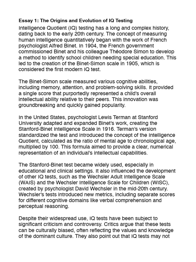 Essay 1: The Origins and Evolution of IQ Testing | PDF | Wechsler Adult ...