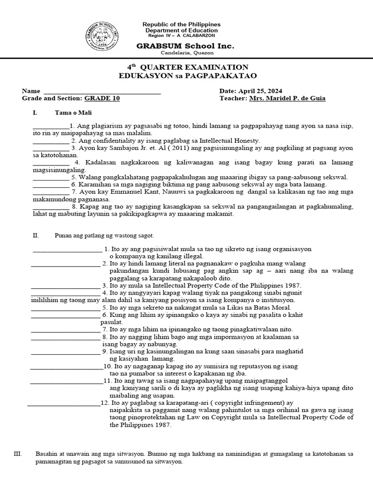 4th Quarter Examination g10 | PDF