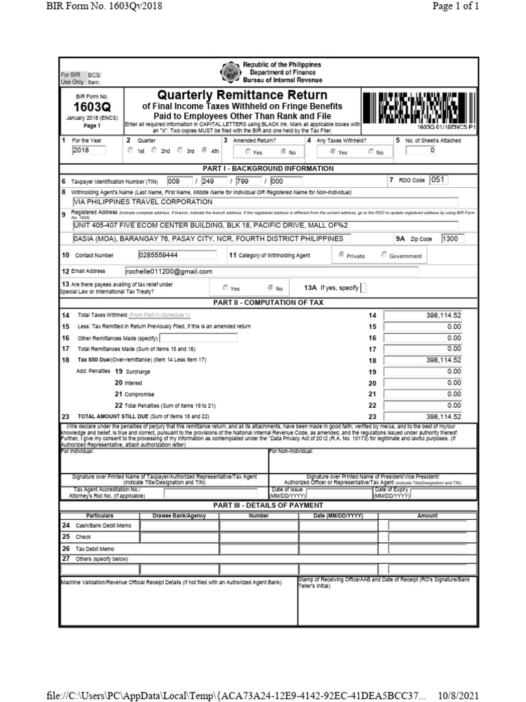 1603Q p.1 FRINGE BENEFITS TAX. VIA PHIL | PDF | Taxes | Payments