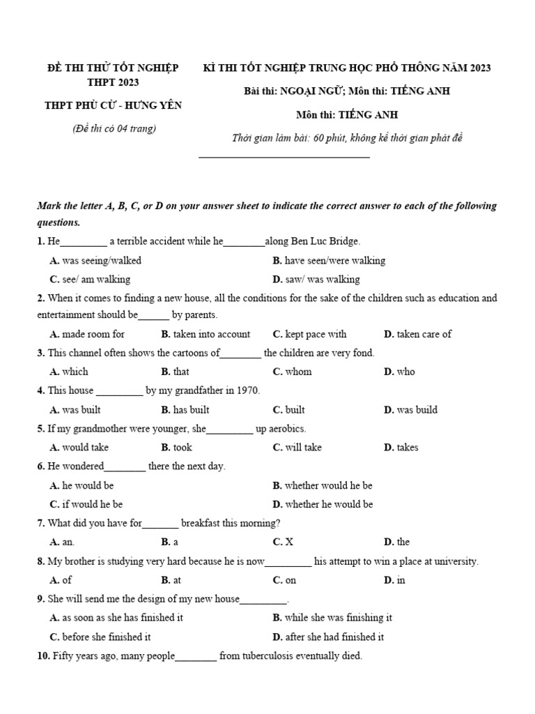 30. (Sau MH) ĐỀ THI THỬ TN THPT 2023 - MÔN TIẾNG ANH - THPT Phù Cừ - Hưng Yên (Bản word có lời ...