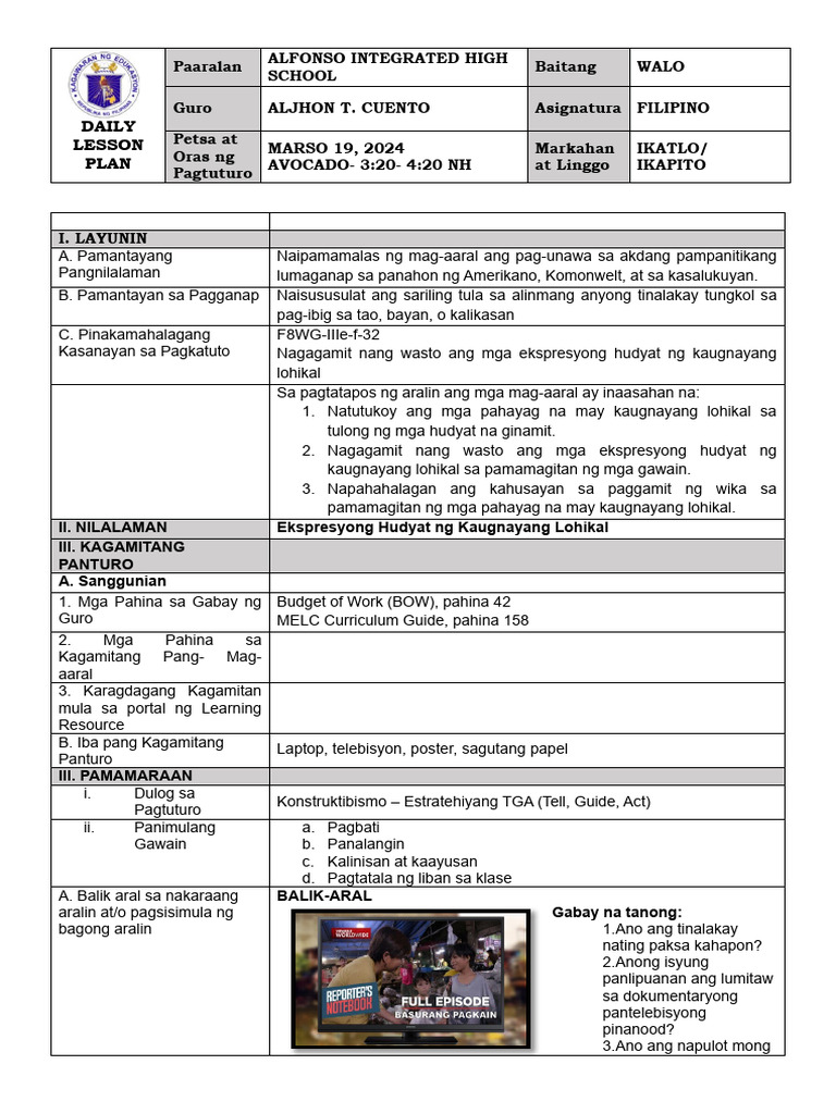 Atcuento - Daily Lesson Plan - Co3 | PDF