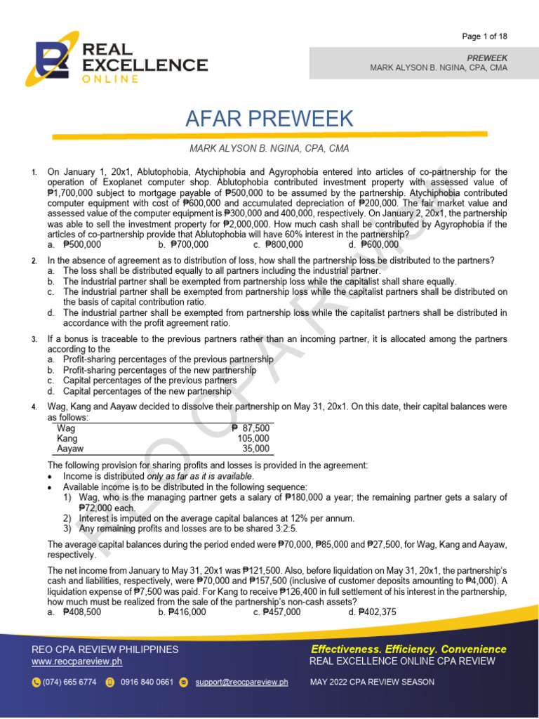 REO - AFAR - PreWeek - 3rd Batch | PDF | Debits And Credits | Mergers And Acquisitions