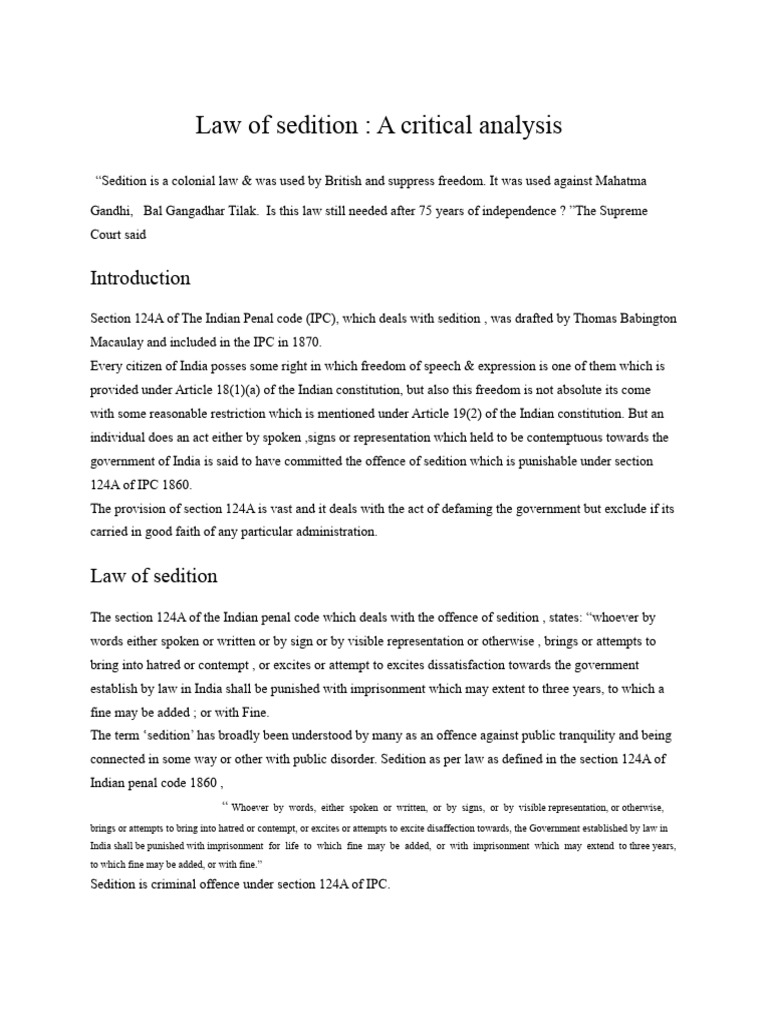 Law of Sedition - A Critical Analysis | PDF | Justice | Crime & Violence