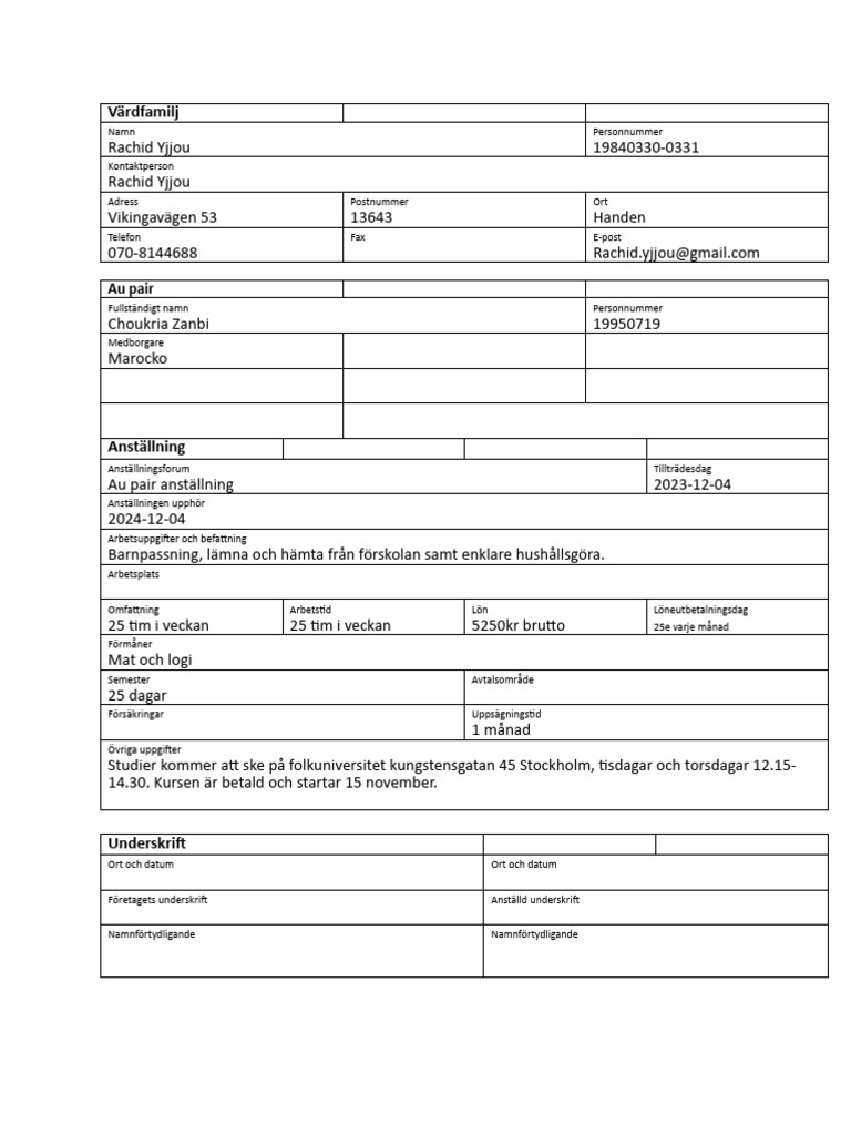 Anställningsavtal Au Pair 2023 | PDF