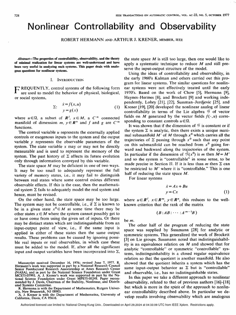 LEONav - 1977 - Nonlinear Controllability and Observability | PDF | Linear Map | Vector Space