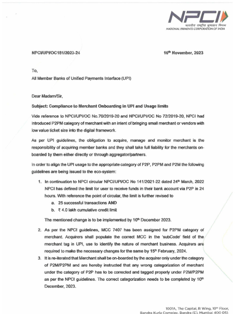 NPCI UPI OC 181 Compliance To Merchant Onboarding in UPI and Usage ... NPCI UPI OC 181 Compliance To Merchant Onboarding in UPI and Usage ...